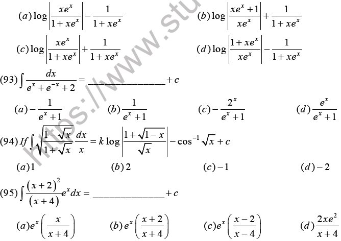 JEE Mathematics Indefinite Integrals MCQs Set C with Answers